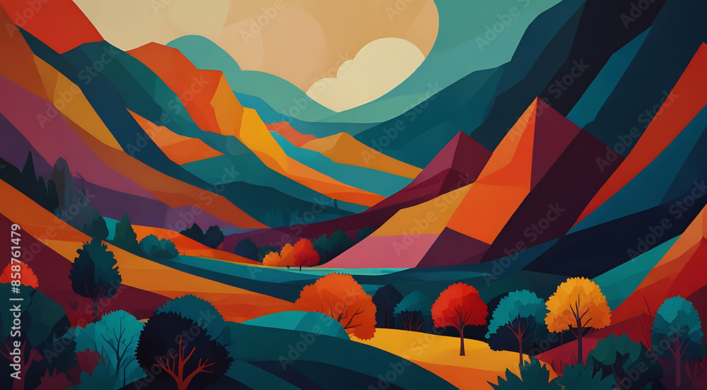 Abstract interpretations of landscapes, using bold colors and geometric ...