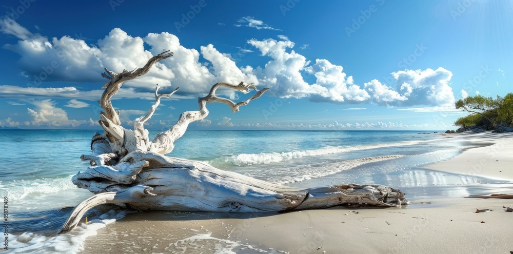 A large tree branch is laying on the beach. Driftwood sculptures on Hokkaido beach showcase ...