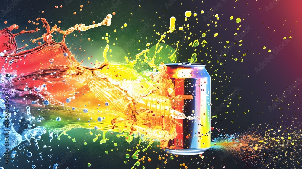 Vector graphic of a soda can exploding with colorful splashes and ...
