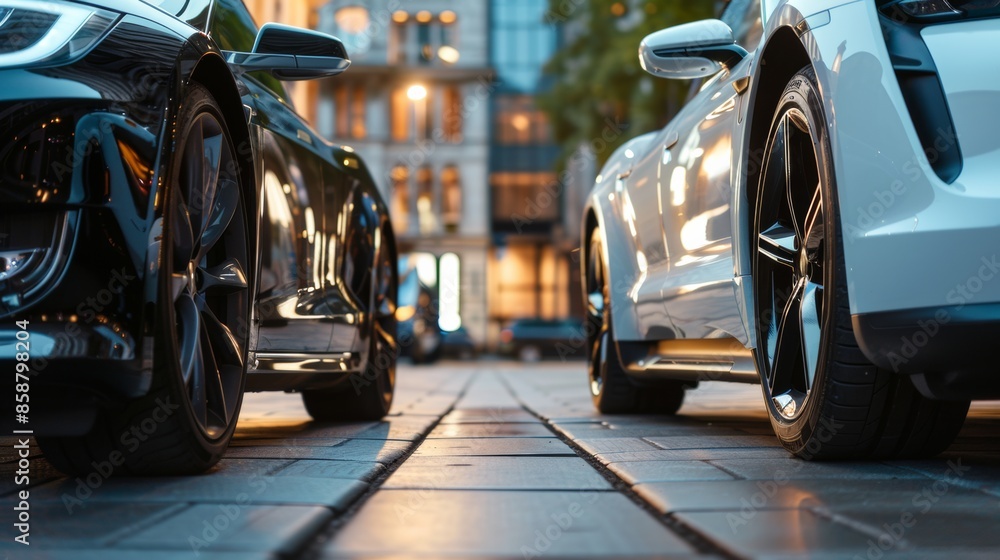 Two cars are parked on a paved urban street. The black and white ...