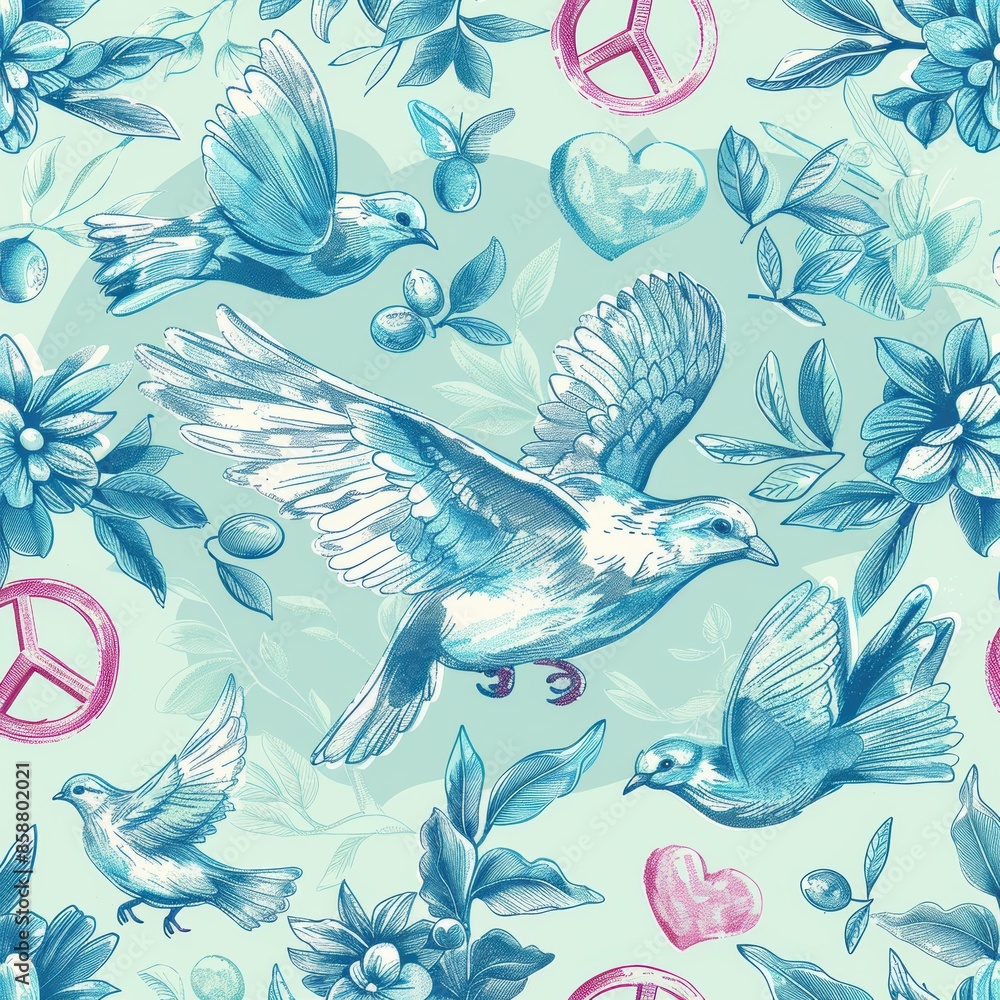 A blue and white bird with a peace sign on its chest flies through a ...