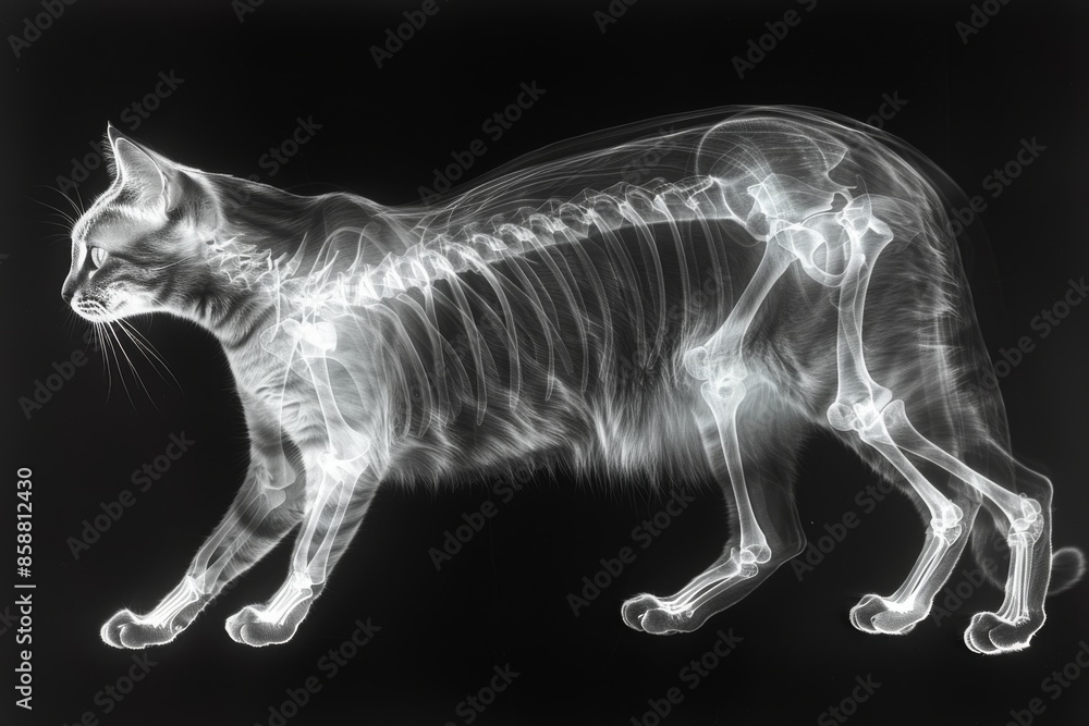 Profile X-ray of cat skeleton, showing alignment and structure of bones ...