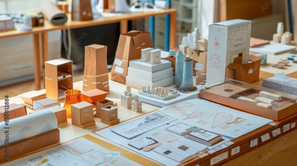 Product packaging design session with sketches and prototypes on ...