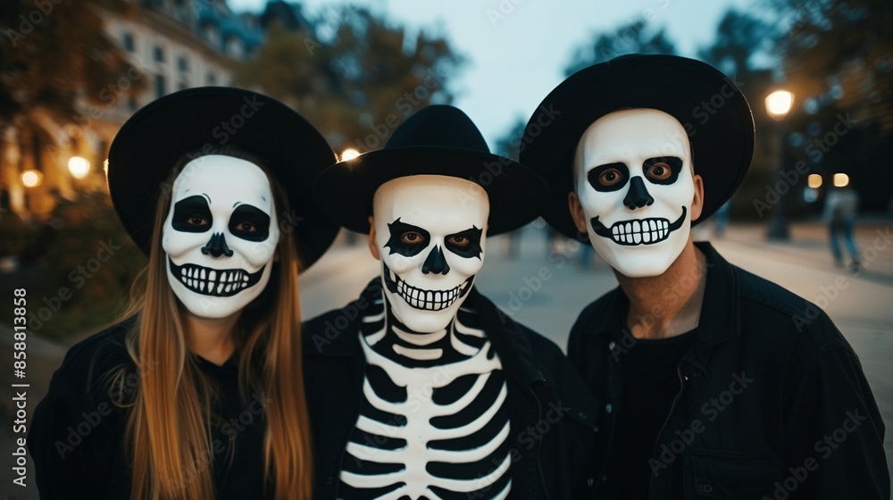 Group of friends dressed as famous horror movie characters, posing for ...