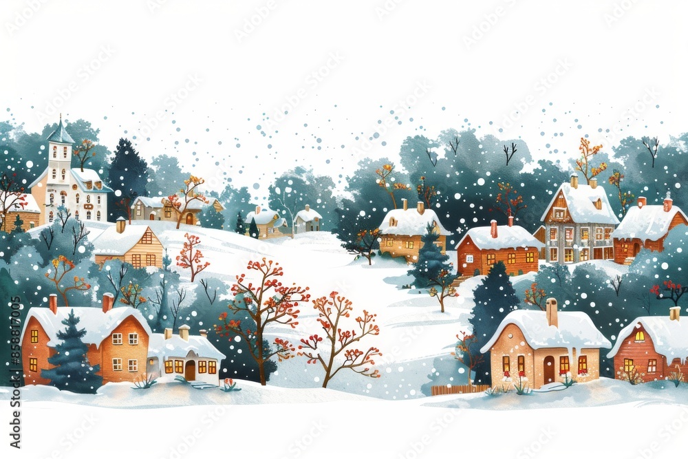 Isolated vector illustration of a winter village scene with snow ...
