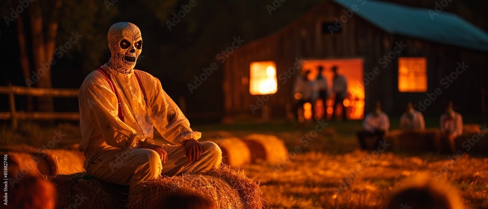 Scene of a haunted hayride at night, visitors sitting on bales of hay ...