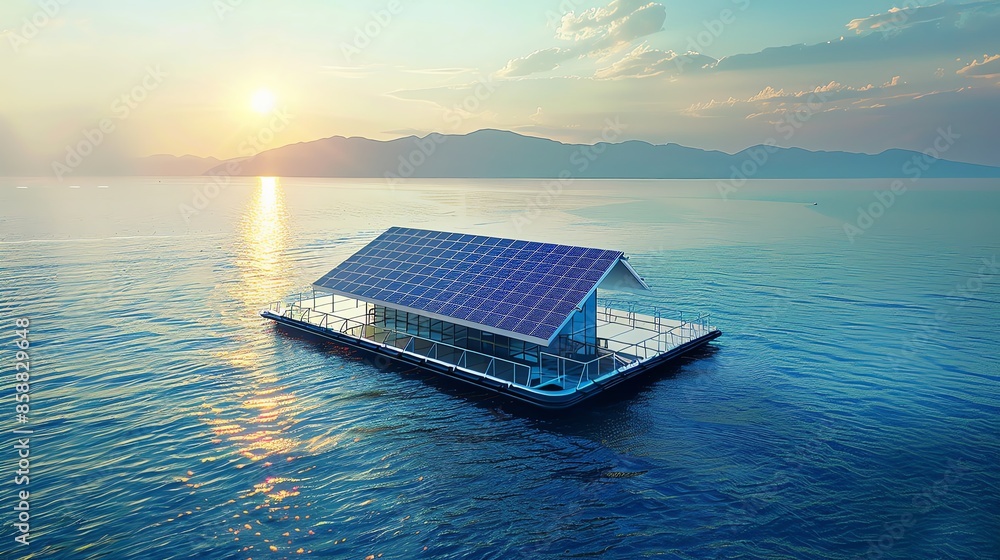 A hightech floating solar power station on a tranquil ocean, harnessing ...