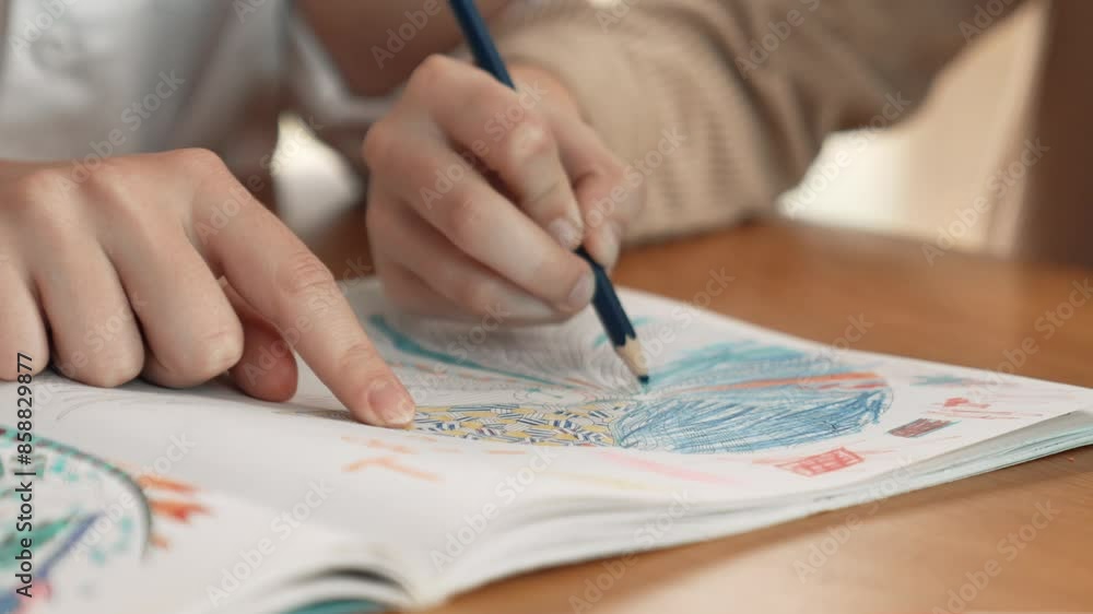 Panorama shot of diverse student hand drawing and coloring by using ...