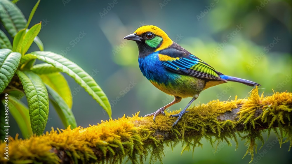 Vibrant golden-hooded tanager perches on moss-covered limb, surrounded ...