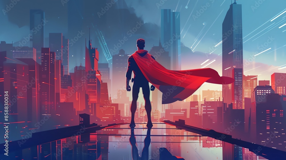 superhero mission flat design, front view, modern city theme, animation ...