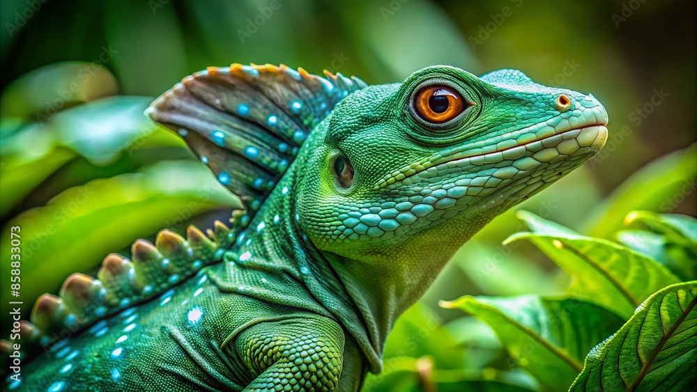A vibrant male common basilisk lizard's profile with striking dorsal ...