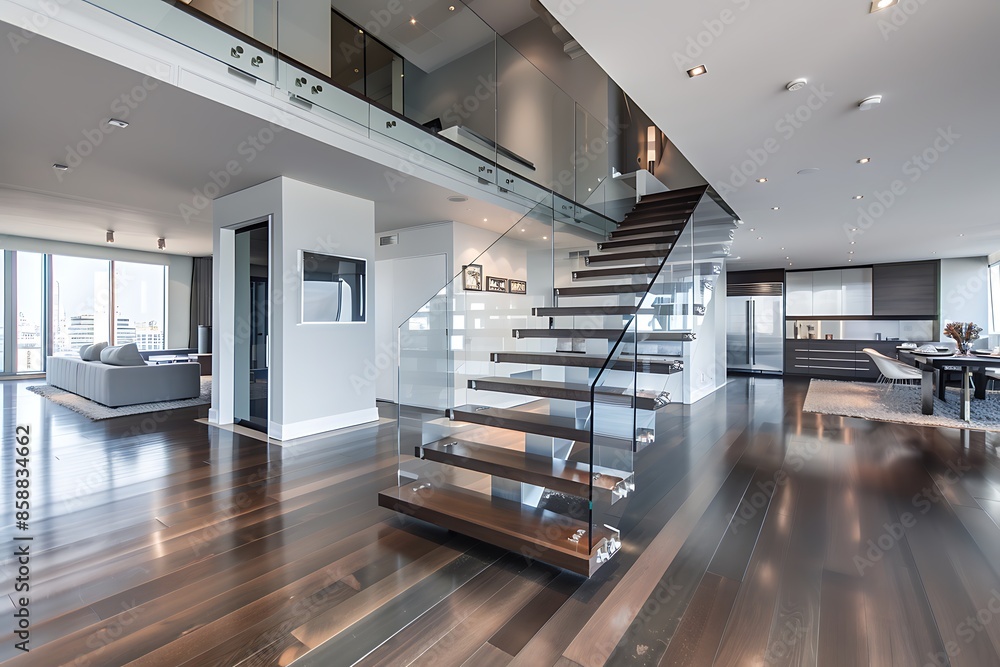 A sleek two-floor loft with floating glass stairs and a dark wood floor ...