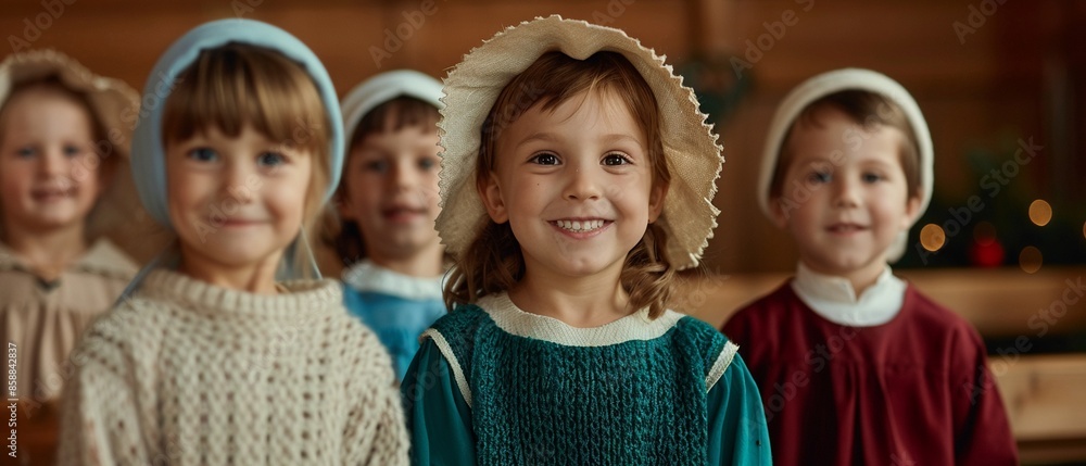 Nativity play being performed by children in a church, dressed in ...