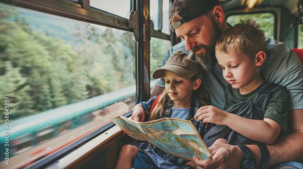 A father teaching his children how to read a map planning out their ...