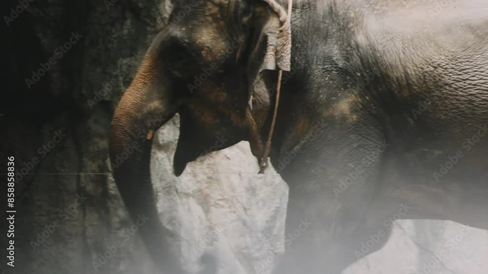 Two large land mammals, Asian elephants, elephas maximus standing side by side, covered in mud ...