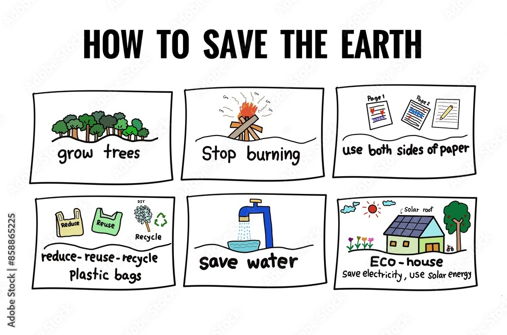 Hand drawn picture cards about how to save the earth. Illustration for ...