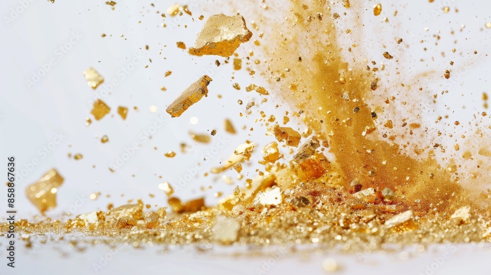 Gold ore nugget mix sand explode from Mining. Golden ore grain powder ...