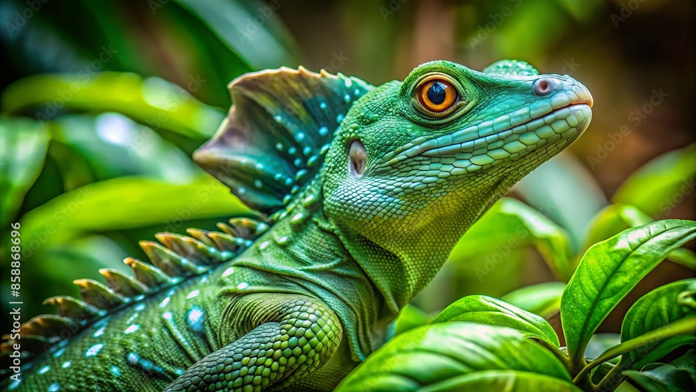 Vibrant green male common basilisk lizard close-up in its natural ...