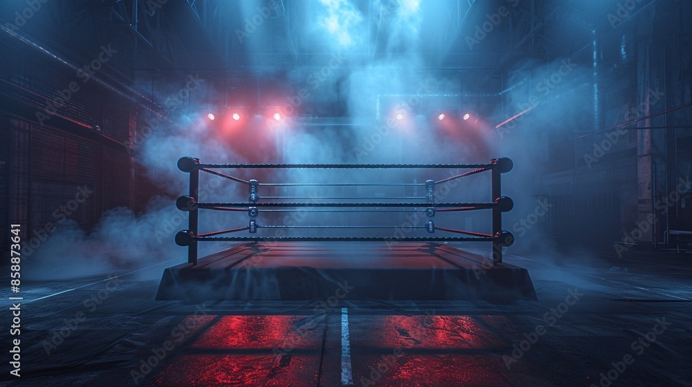 Spotlight on an empty professional boxing ring in a dark environment ...