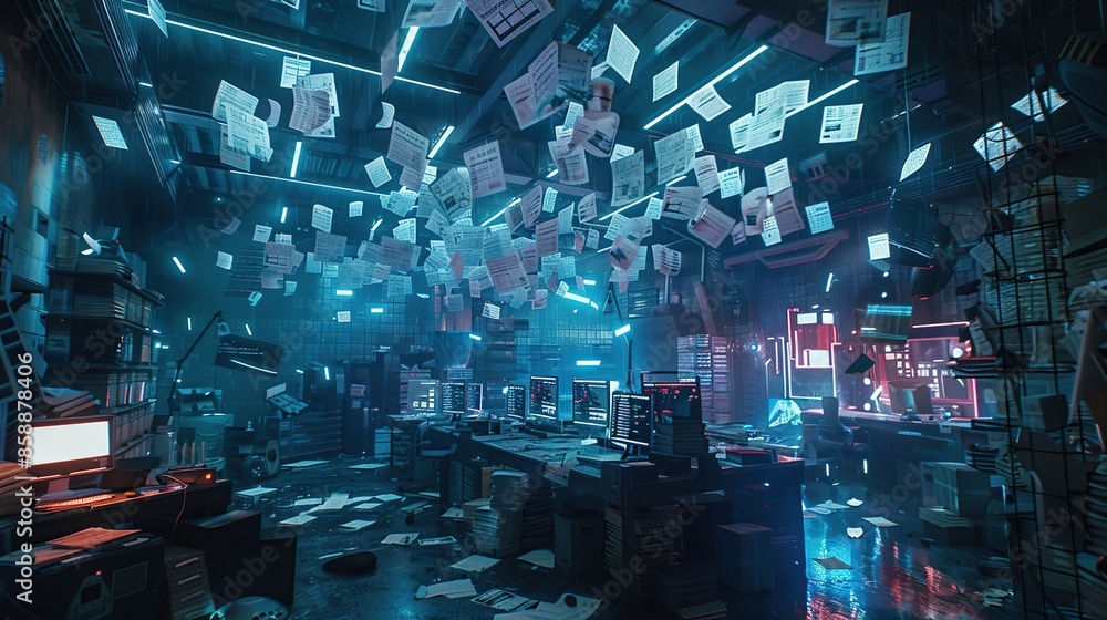 Room with a lot of papers flying around and a computer monitor. Scene ...