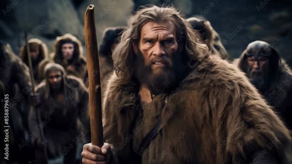 An ancient neanderthal prehistoric man with a group of people goes ...