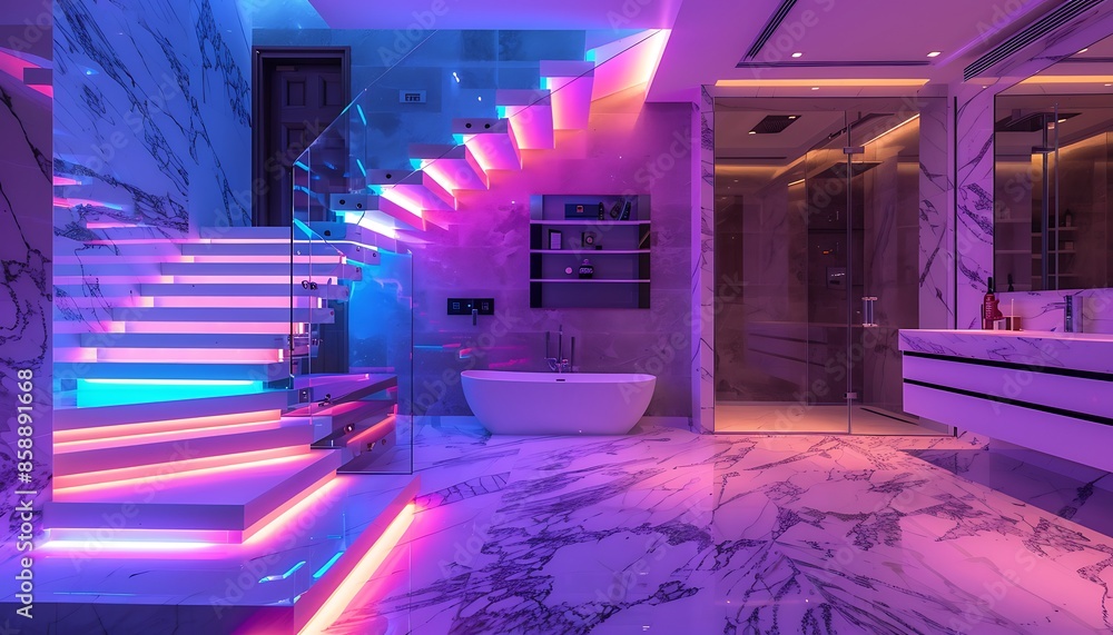 Sleek L-shape floating neon stairs with RGB LED under-tread lights ...