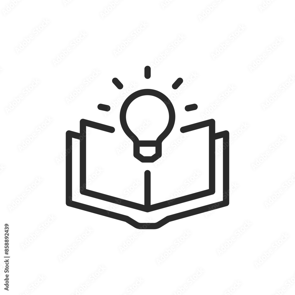 Open book with light bulb, linear style icon. Open book with a glowing ...