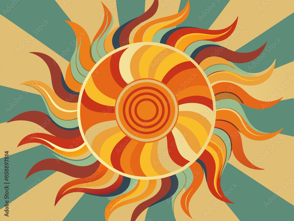 Stylized sun with swirling rays and a 70s-inspired color palette Stock ...
