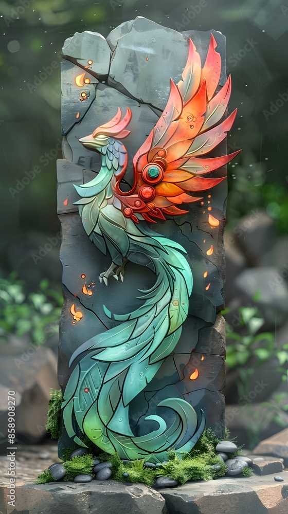 Phoenix Rising from the Scrapyard, Illustrate a phoenix crafted from ...