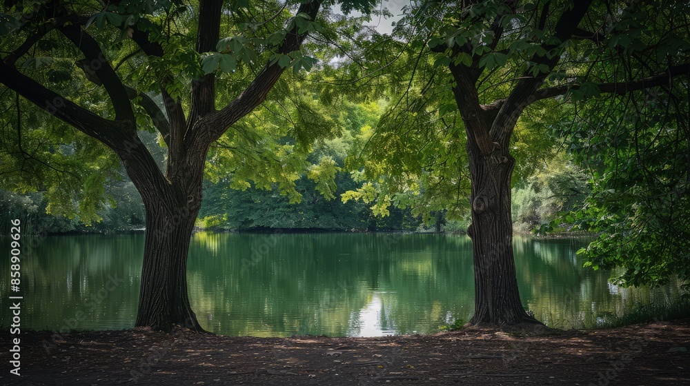 A secluded spot by a lake with dark brown walnut trees, their dense ...