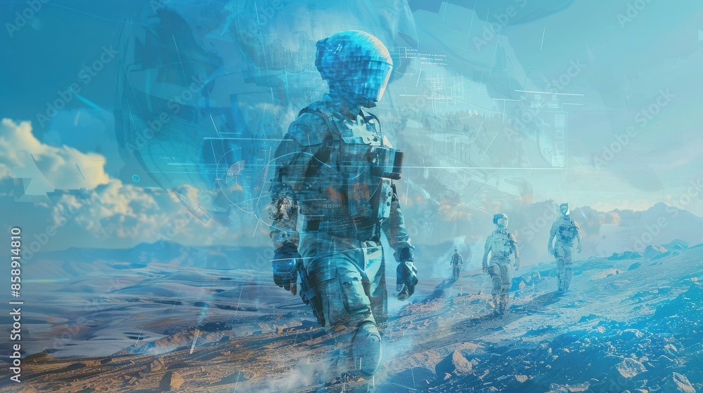 A digital illustration depicting a futuristic soldier walking through a ...