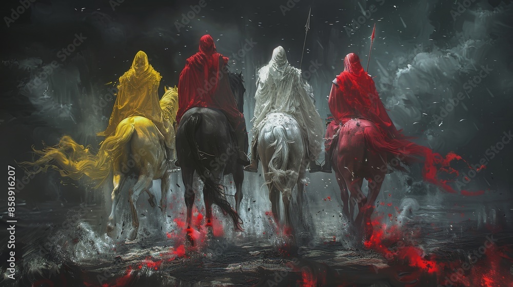 Four Horsemen of the Apocalypse riding fast on a barren landscape Stock ...
