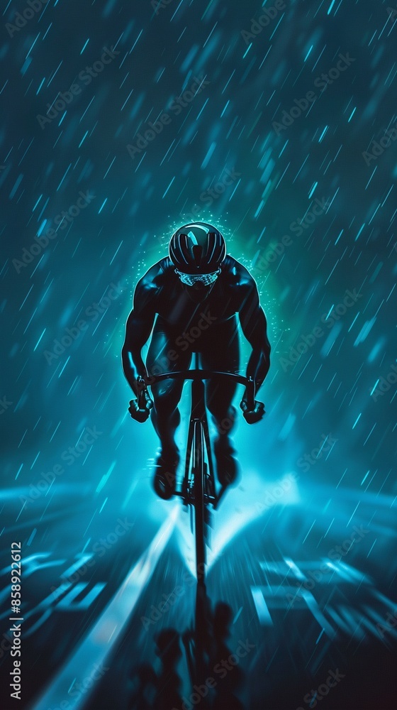 Triathlete sprinting to the finish line, dynamic rain effects, intense ...