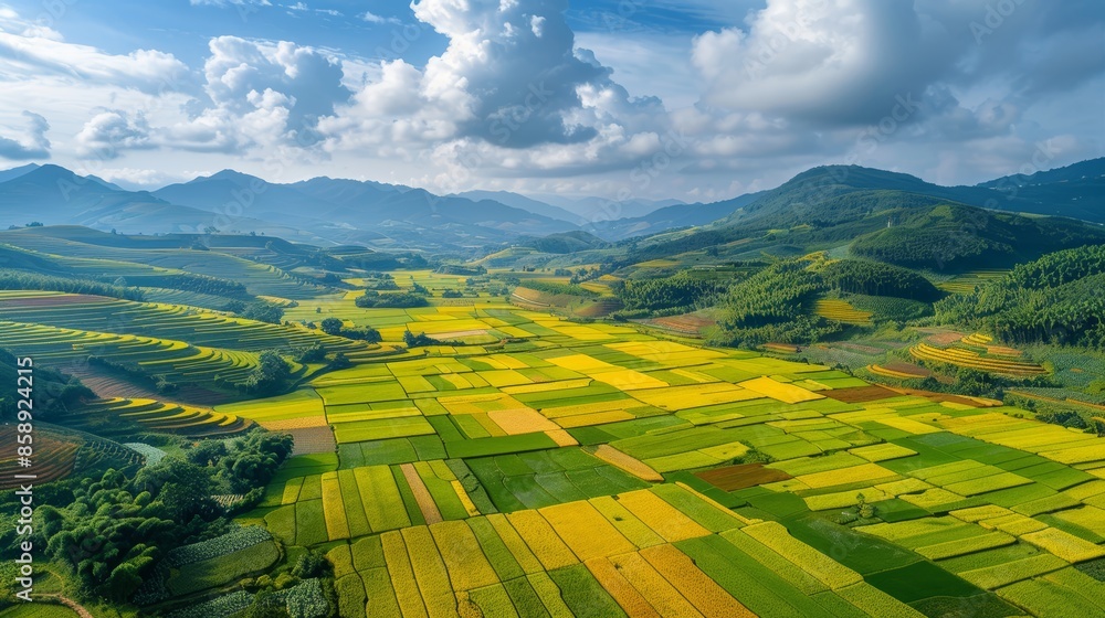 Aerial perspective of golden rice fields at noon, autumn colors ...