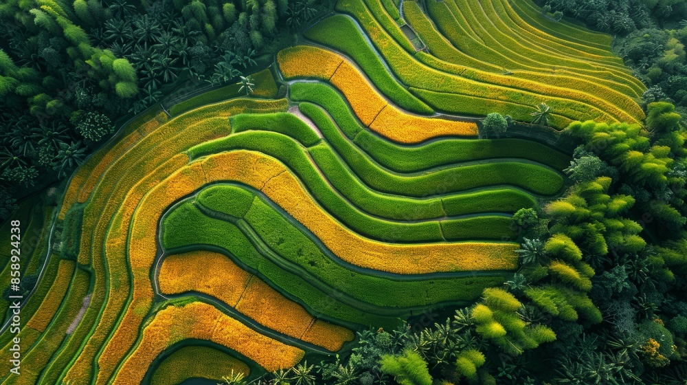 Aerial perspective of golden rice fields at noon, autumn colors ...