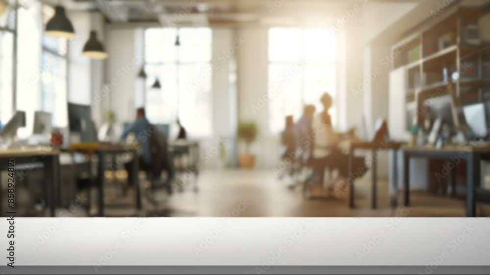 Blurred office background with empty white desk. Modern, bright office ...