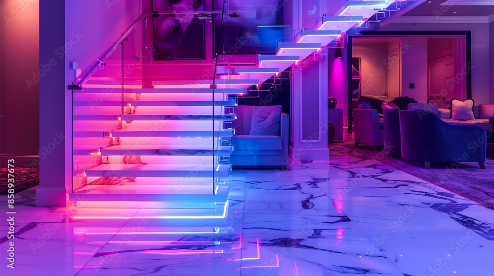 Sleek L-shape floating neon stairs with RGB LED lighting under each ...