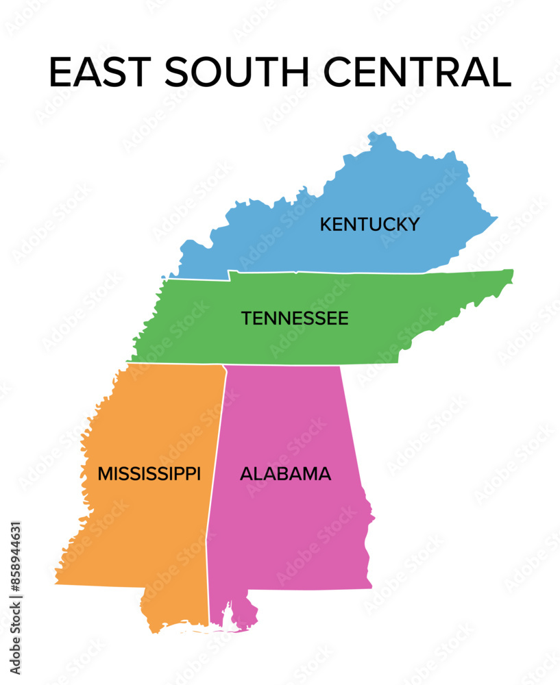 East South Central states, multi colored political map. United States ...