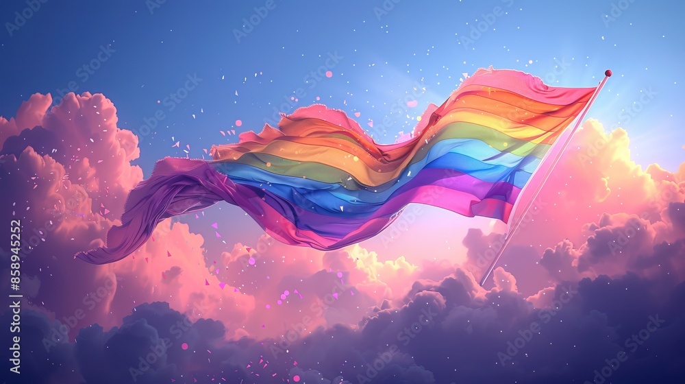 ภาพประกอบสต็อก Colorful rainbow flag on blue sky and cloud,Let's ...