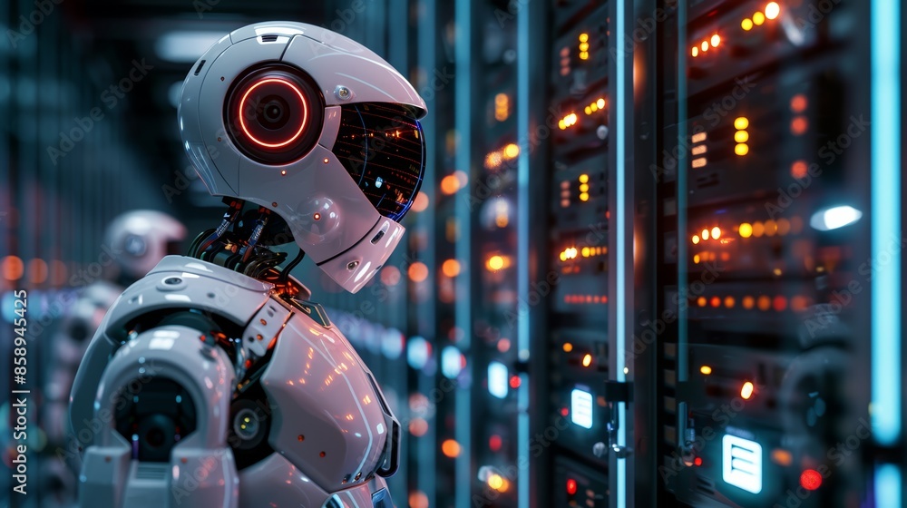 Cutting-edge robot performing maintenance in a data center, dramatic ...