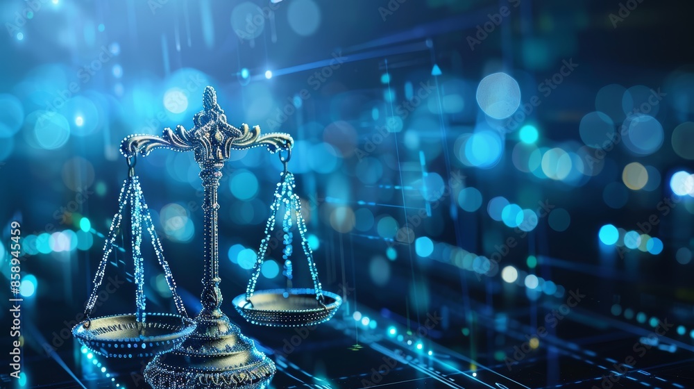 Cybernetic justice scale set against a vibrant blue digital background ...