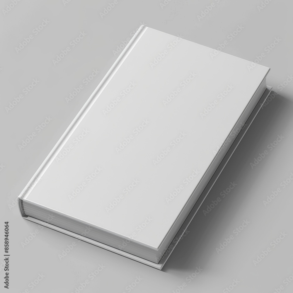 Elegant blank white book cover lying on a plain gray background ...