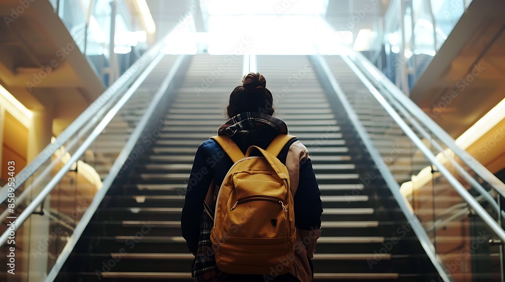Back view of a student walking on the stairs in the school. Step by ...