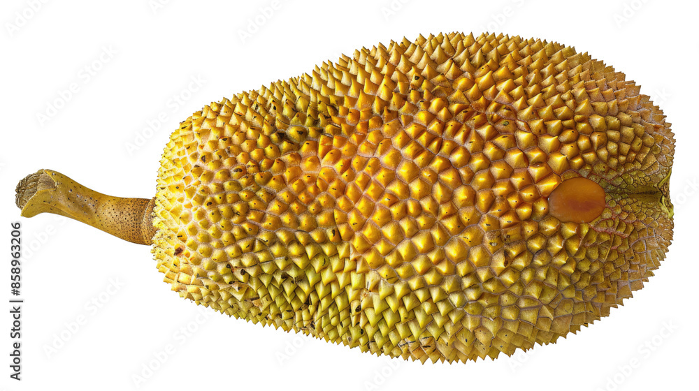 Photograph of a single, perfectly ripe jackfruit, its spiky exterior ...