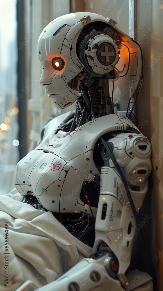 A robot is sitting on a bed with its head down. The robot is white and ...