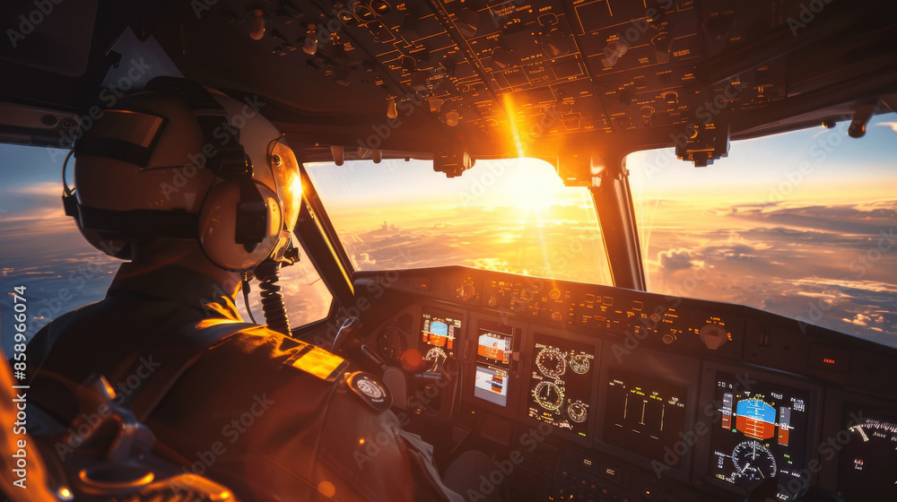 Inside an aircraft cockpit, a pilot is pictured with hands on the ...
