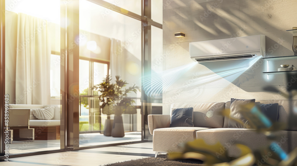 Sunlight fills an elegant modern living room, highlighting a cozy beige ...