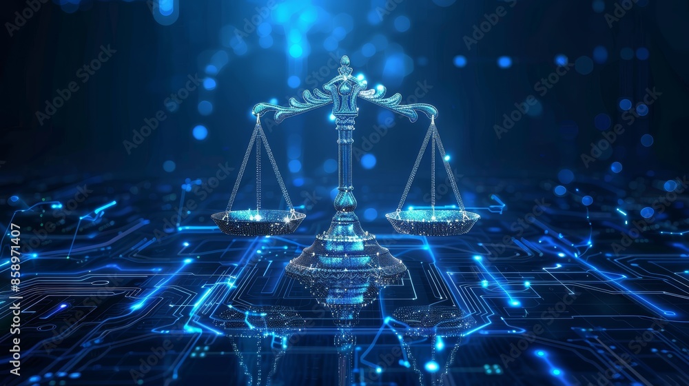 Justice scale against a futuristic blue background with glowing circuit ...