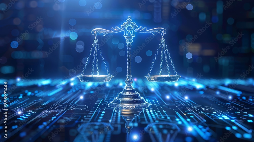 Justice scale against a futuristic blue background with glowing circuit ...