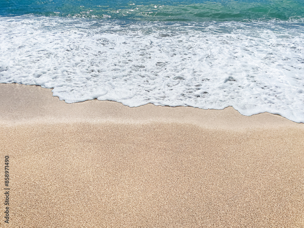 Natural background. Seascape. A sandy smooth beach. A sea wave on the ...